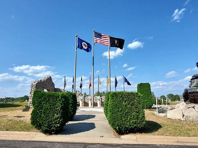 A solemn tribute amidst nature's embrace. This veterans' memorial reminds us of sacrifices made, while the surrounding beauty celebrates the freedom they protected.
