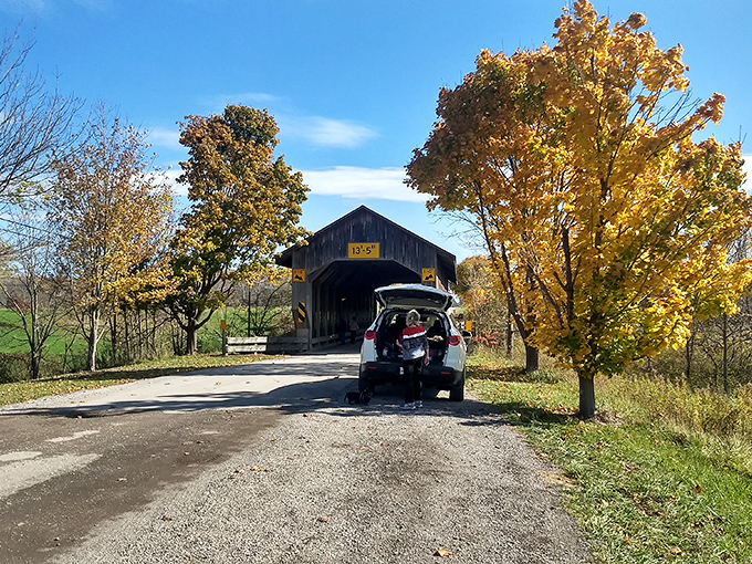 "Bridge of sighs... of contentment." Even modern cars can't resist the allure of this wooden time machine. Talk about a scenic commute!