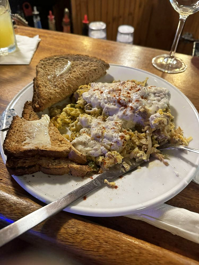 The What-Not Scramble: Where eggs go to live their best life. It's like breakfast threw a party and invited all your favorite ingredients.