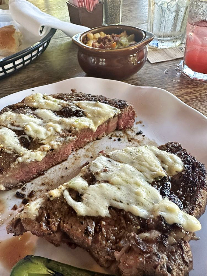 Blue cheese dreams come true. This steak's got more layers than a Texas tall tale &ndash; and they're all delicious.