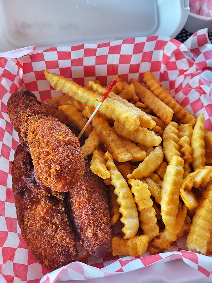 Crinkle-cut fries and a golden chicken tender &ndash; the dynamic duo of comfort food that'll transport you straight back to childhood bliss.