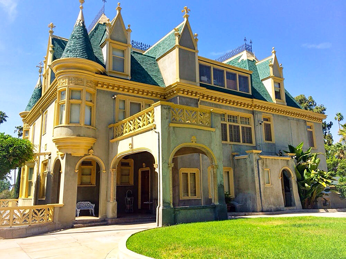 Up close and personal with Victorian charm. This view of the mansion's details is like architectural eye candy &ndash; intricate, sweet, and impossible to resist.