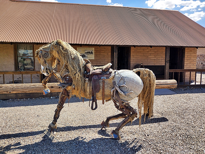 This isn't your average carousel horse. It's the desert's answer to modern art, with a mane of rope and a diet of pure imagination.