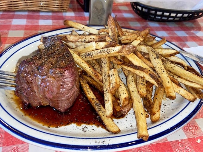 Steak frites, Doe's style. These crispy, seasoned fries are the Robin to your steak's Batman &ndash; a perfect sidekick to the main attraction.