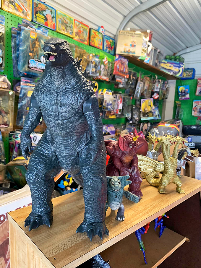 Godzilla meets his match in Toy Town! This monster mash-up of action figures is ready to battle for space on your shelf.