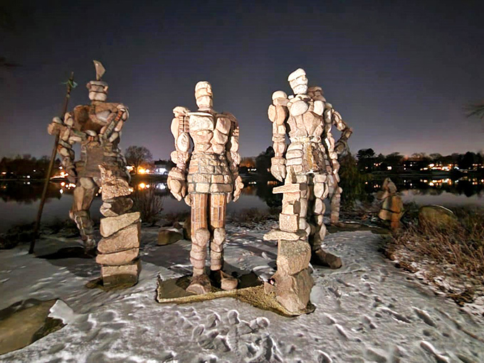 "Night brings a whole new dimension to these stony sentinels. It's like a scene from 'Night at the Museum,' but with more grit."