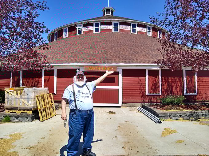 "And over here, folks, is where the magic happens!" Our enthusiastic guide brings the barn's history to life, gesturing wildly like a bovine Vanna White.