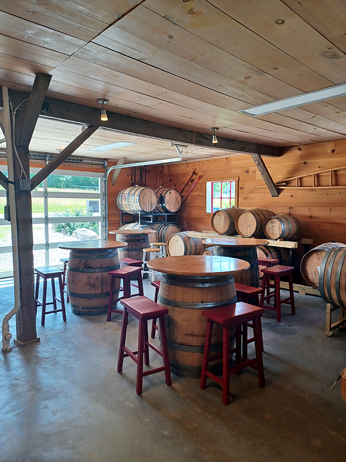 Barrel-top tables and weathered wood create a tasting room that's part maritime charm, part wine lover's dream. Time to drop anchor and stay awhile!