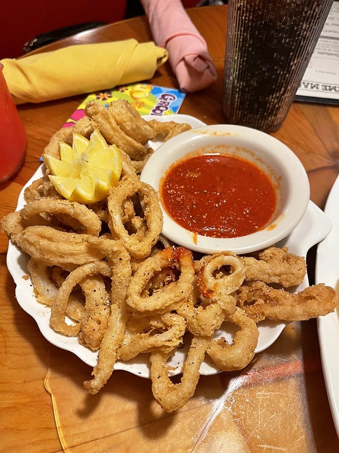 Calamari that's more ring-a-ding-ding than ring of fire! These crispy circles are the perfect start to your time-traveling feast.
