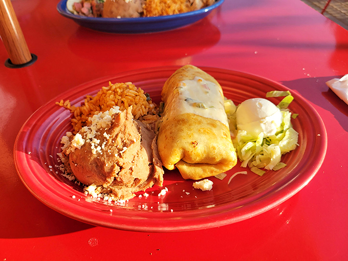 Behold, the chimichanga! This crispy burrito looks ready to take flight, nestled next to its faithful sidekicks, rice and beans.