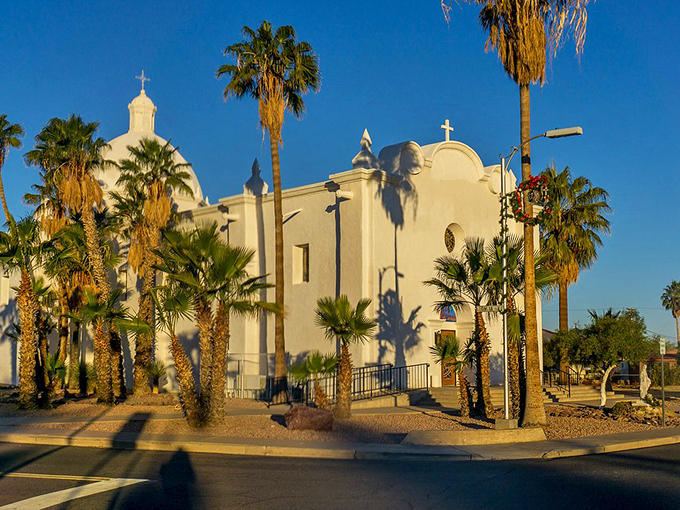 "Hallelujah for architecture!" Ajo's Immaculate Conception Church stands proudly, its white walls gleaming against the blue sky. A slice of old-world charm in the new world's wilderness.