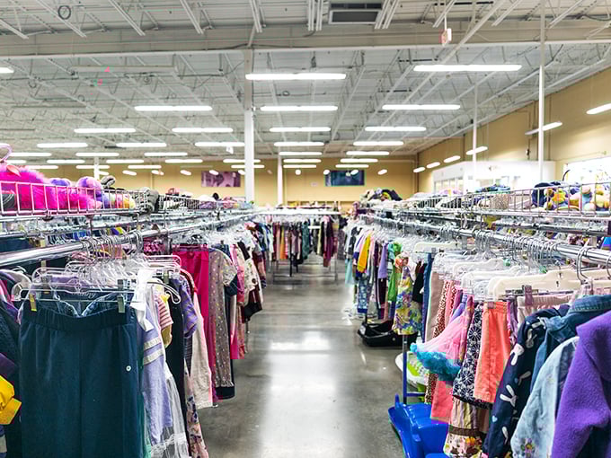 The Sistine Chapel of secondhand style. Michelangelo would've traded his paintbrush for a shopping cart in this colorful clothing cosmos.