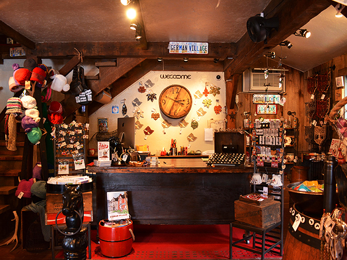 Command central of curiosities! This rustic counter, adorned with knick-knacks, is where dreams (and credit card transactions) come true.