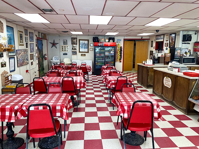 Welcome to the checkered kingdom of comfort! This dining area is where calories don't count and coffee flows like a river.