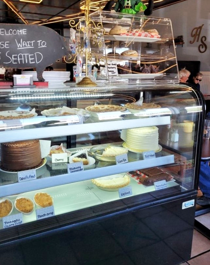 Pie paradise alert! This display case is like a beauty pageant for desserts. Good luck choosing just one &ndash; we won't judge if you don't!