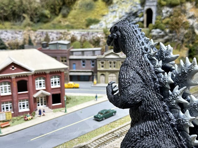 Godzilla meets model trains? This intricate diorama proves that even giant monsters have a soft spot for miniature cityscapes.