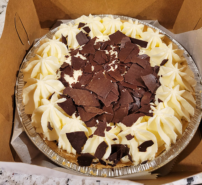Pie oh my! This creamy creation is like a hug for your taste buds, topped with a chocolate confetti celebration.