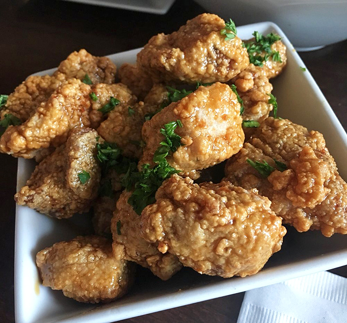 The dish that launched a thousand food pilgrimages: Estelle's famous pork nuggets, crispy on the outside, juicy on the inside, heavenly all over.