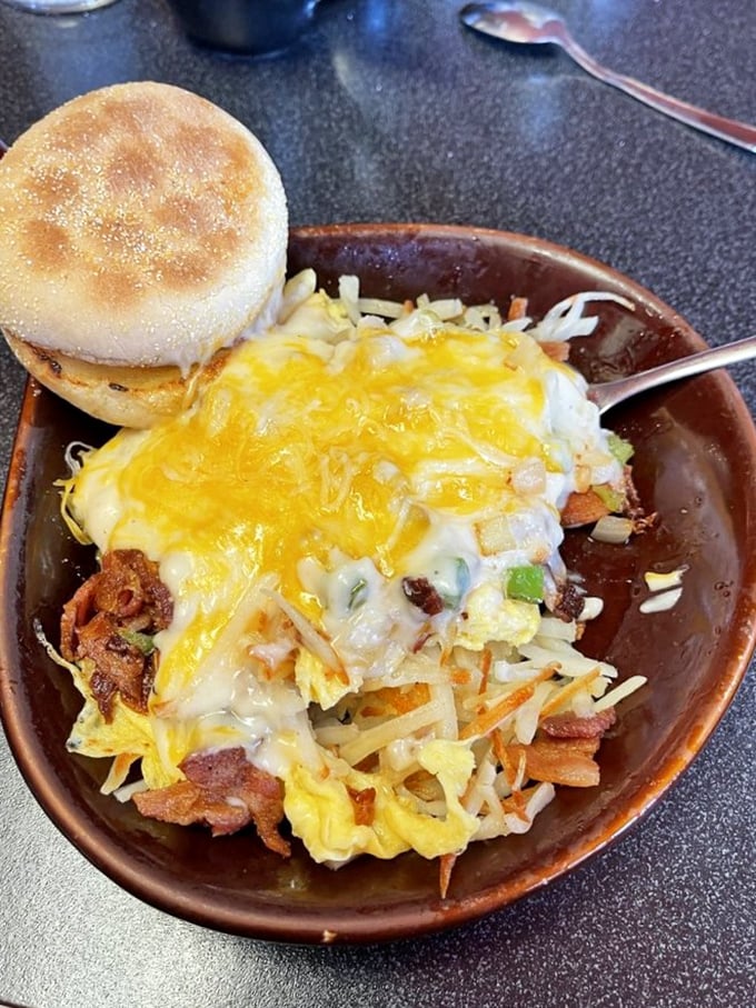 A skillet so loaded, it could probably file its own tax return. Eggs, cheese, and enough fixings to make your fork do a happy dance.