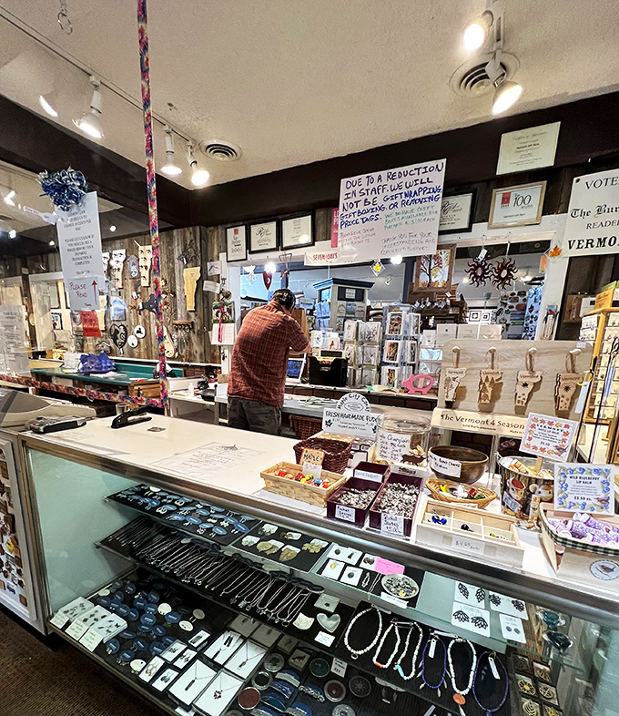 Where's Waldo? Oh wait, that's just a friendly local browsing the endless array of Vermont goodies. The struggle to choose is real, folks!