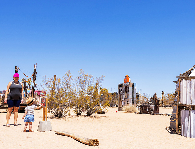 Art appreciation, family style! Visitors of all ages find wonder in this outdoor gallery where everyday objects become extraordinary installations.