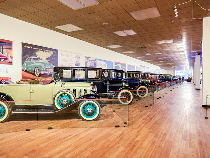 Automotive eye candy alert! This showroom of vintage vehicles is like a box of chocolates for car enthusiasts.