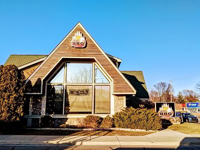 Bad Brad's: where A-frames meet A-grade BBQ. This New Baltimore spot is like a cozy cabin filled with smoky treasures.