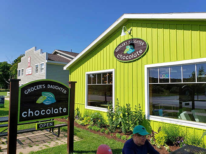 Grocer's Daughter Chocolate: Kermit called, he wants his building back! This green machine churns out guilt-free indulgence.