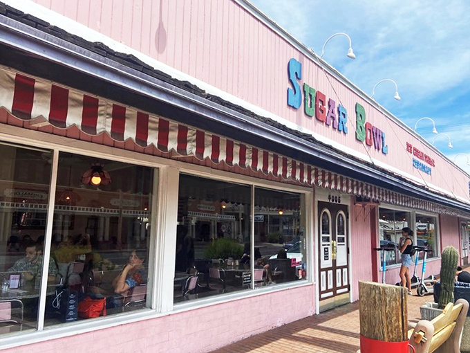 Pink paradise! This retro ice cream parlor is where calories don't count and time stands still (probably because of the sugar coma).