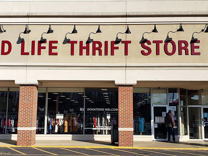 "Red letters spell green savings. Good Life Thrift Store: Where 'gently used' looks brand spanking new."