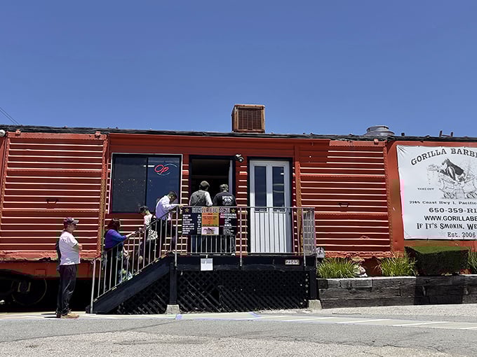 All aboard the flavor train! Gorilla BBQ's orange railcar is like a portal to a parallel universe of perfect pulled pork.