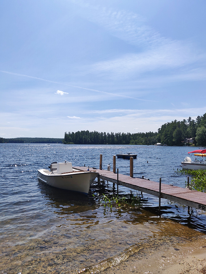All aboard the S.S. Serenity! This classic wooden boat is ready to whisk you away on a lake adventure.