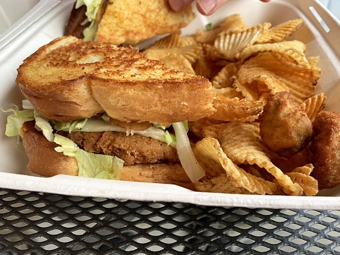 This crispy chicken sandwich is the Beyonc&eacute; of lunch - it's got all the right moves, and those chips are its backup dancers.