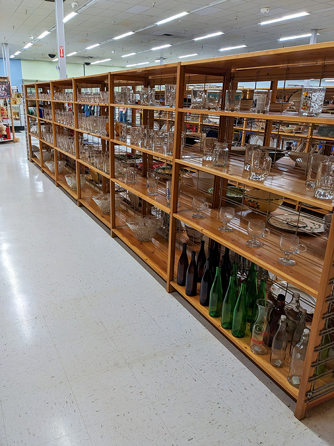 Cheers to vintage glassware! These shelves hold the perfect vessels for your next toast &ndash; or your impromptu DIY project.