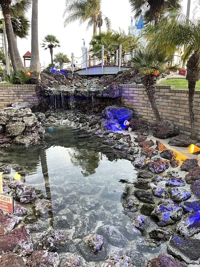 A serene pond or a crafty water trap? This picturesque spot adds a touch of tranquility &ndash; and challenge &ndash; to your game.