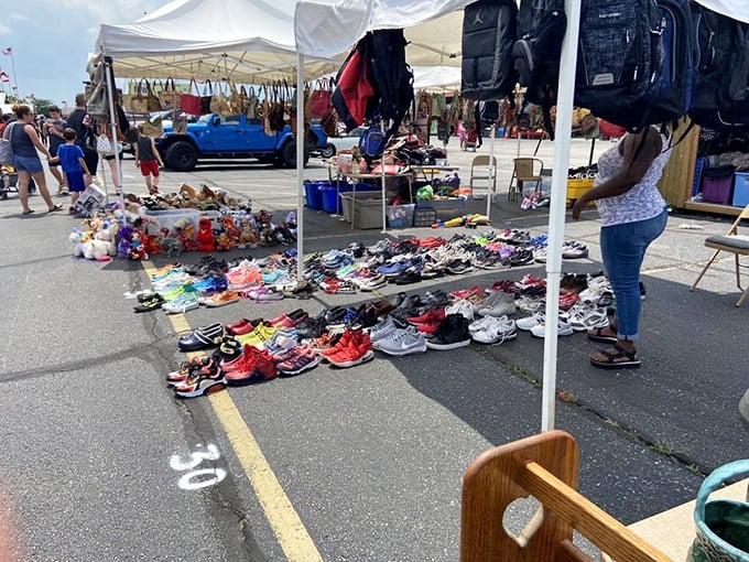 Shoe lovers, prepare for sole-ful temptation! This outdoor display is a rainbow of footwear fantasies.