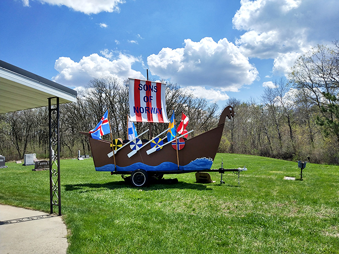 Ahoy, landlubbers! This Viking vessel sails through fields of green, ready to conquer hearts rather than lands.