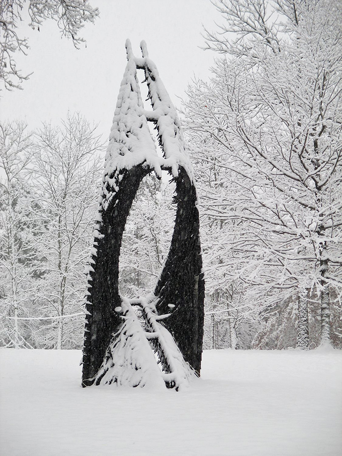 Winter transforms this sculpture into nature's own Rorschach test. What do you see in these snow-laden forms?
