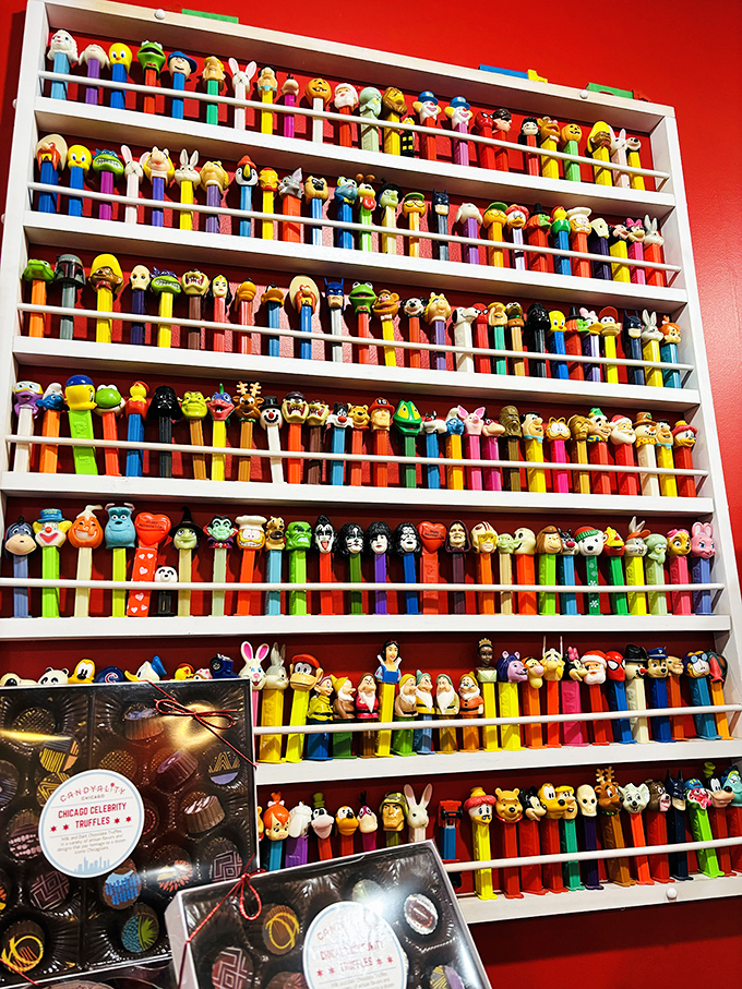 PEZ-itively amazing! This wall of character dispensers is like a Who's Who of pop culture, one tiny candy brick at a time.