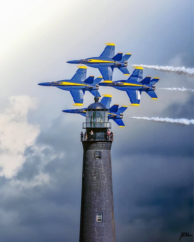 Blue Angels meet lighthouse: It's like watching the Thunderbirds dance with the Statue of Liberty.