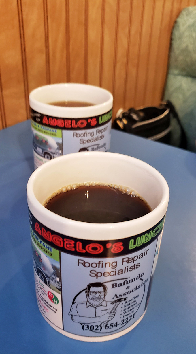 Coffee served in mugs that double as local billboards &ndash; because multitasking is an art form, even at breakfast.