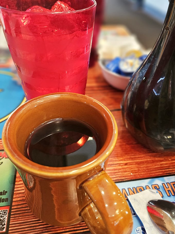 The elixir of life, served in a no-nonsense mug. This coffee could wake up Rip Van Winkle and have him dancing the Charleston.