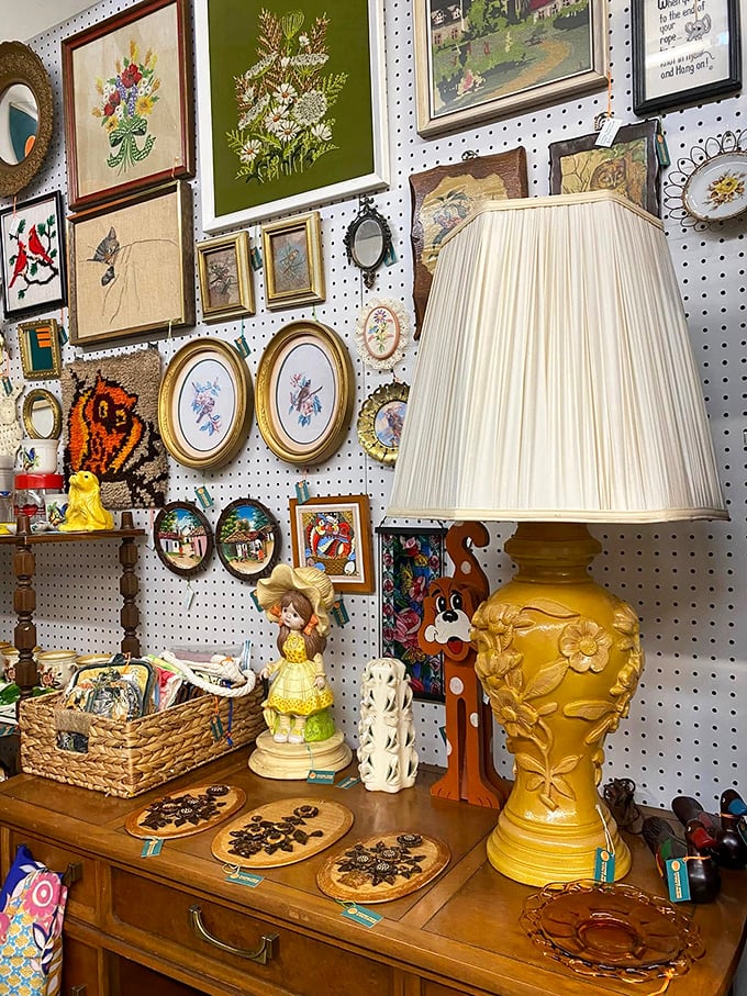 Wall-to-wall whimsy! This pegboard paradise is like your grandma's attic, but curated by Wes Anderson.