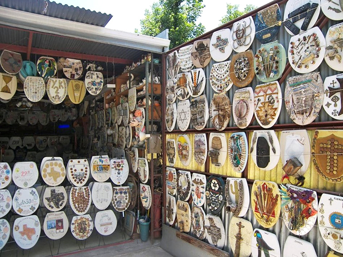An outdoor gallery that gives new meaning to 'al fresco art.' These toilet seats have seen more sunshine than most beachgoers!