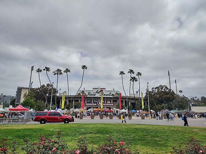 Palm trees and mountains frame this shopper's paradise. It's like nature decided to throw the ultimate garage sale.