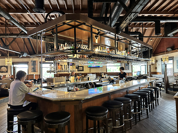 The bar at Pier 500: where spirits are high, both in bottles and patrons. It's like Cheers, but with a better view and fancier glassware.