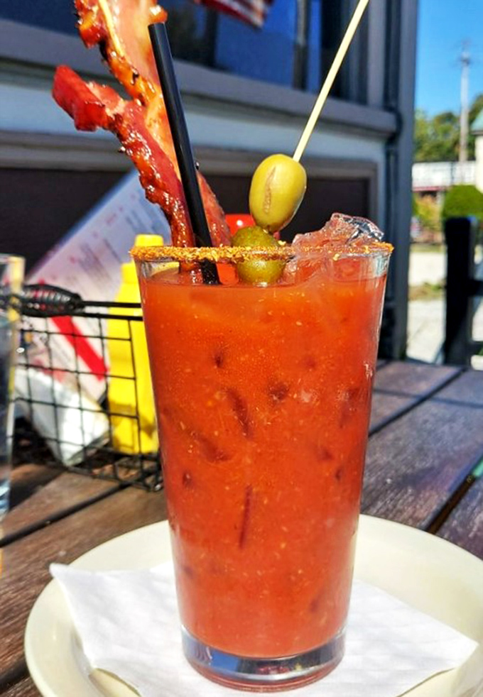 Good morning, indeed! This Bloody Mary is a meal in a glass, topped with enough garnishes to qualify as a small salad.