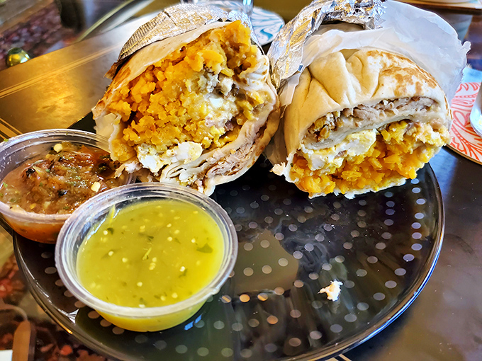 Sauce boss alert! This burrito's not going skinny-dipping, it's taking a full-on flavor plunge. Napkins are your new best friend.