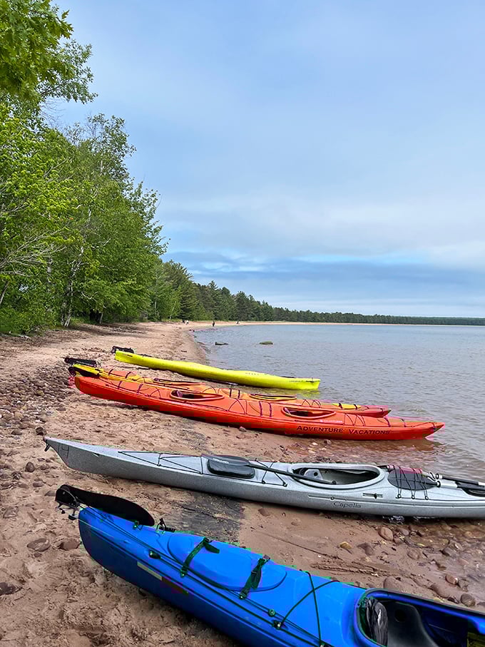 Paddle your way to paradise: These colorful kayaks are your ticket to exploring Big Bay's liquid landscape. No traffic jams here!