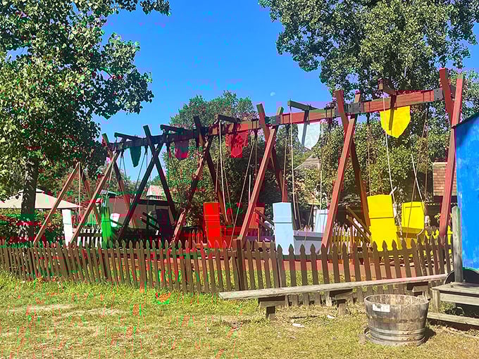 Who knew the Renaissance had such colorful laundry days? These vibrant swings are giving new meaning to the phrase "hanging out" at the fair.